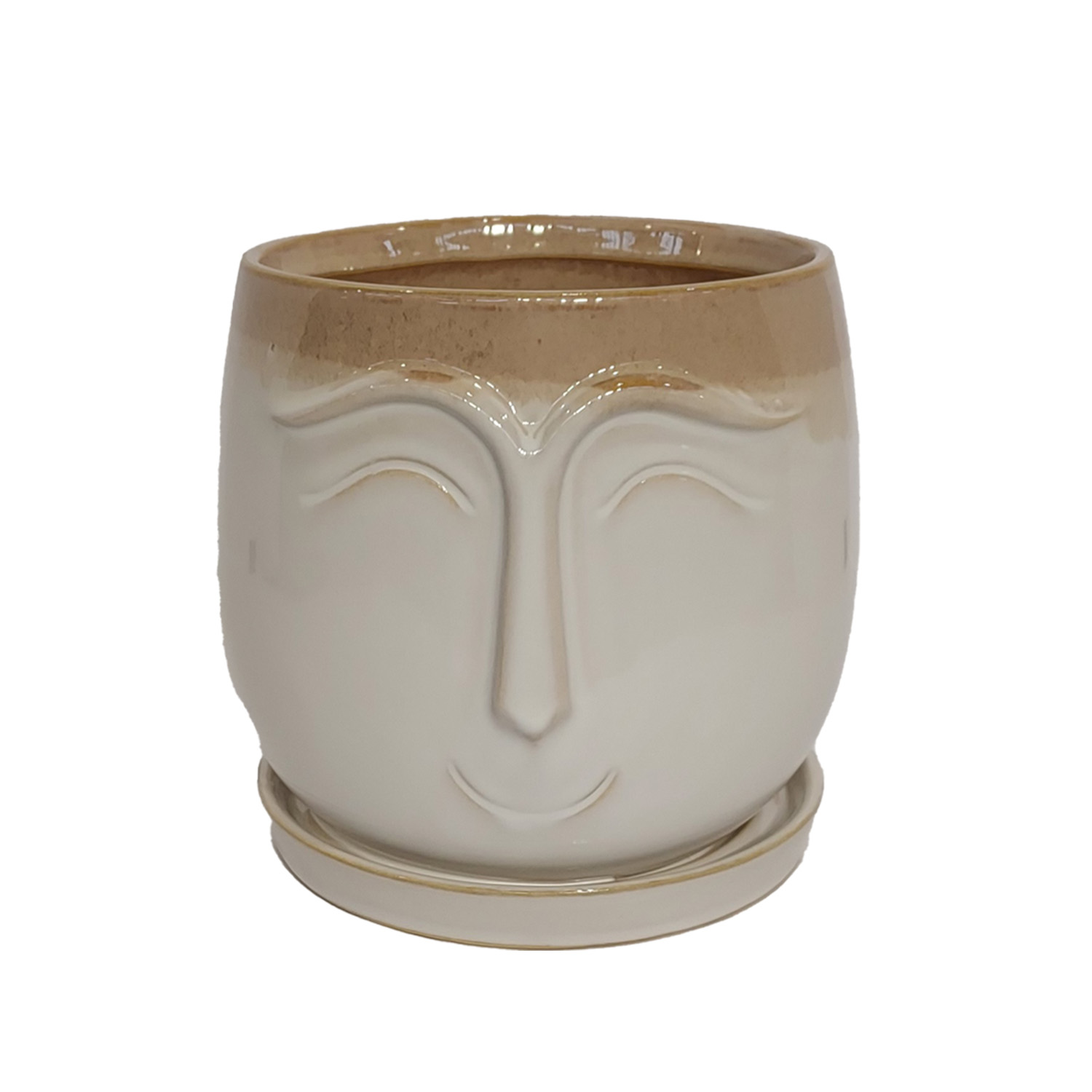 Product - Happy Pot with Attached Saucer, 7'' x 6'', Cream & Tan ...